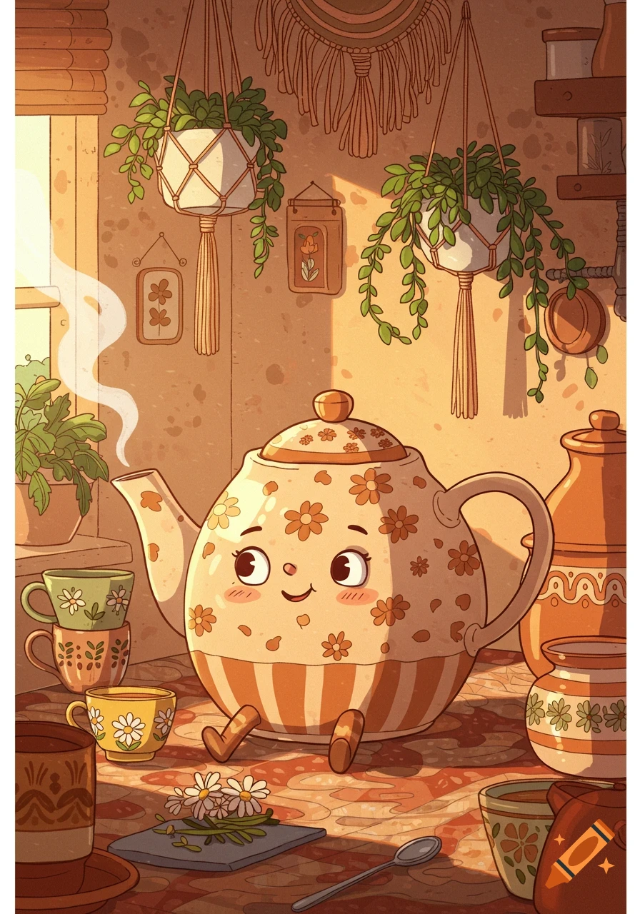 A happy, anthropomorphic teapot with floral patterns sits on a kitchen ...