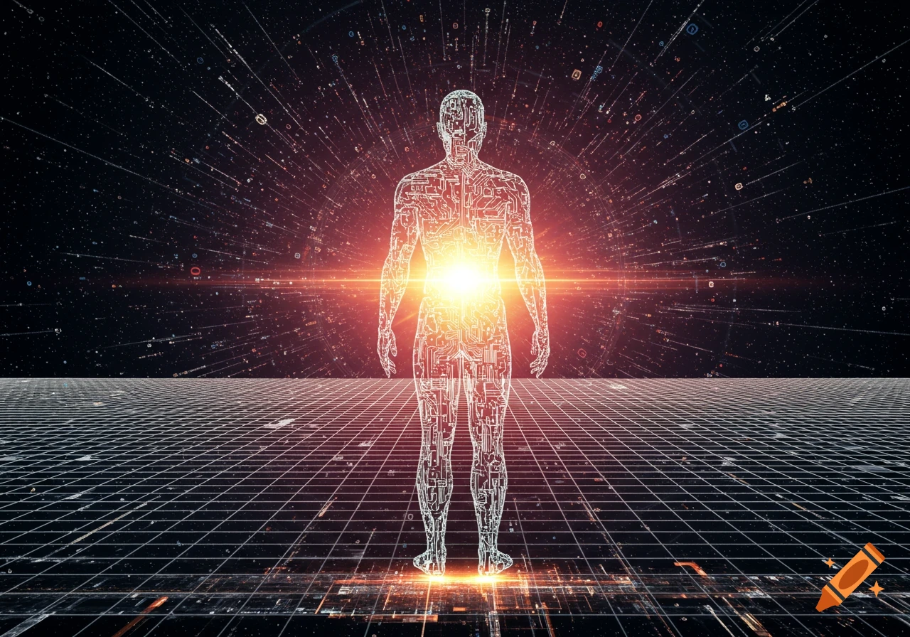 Glowing wireframe humanoid figure with '$QUANT' on chest, emitting ...