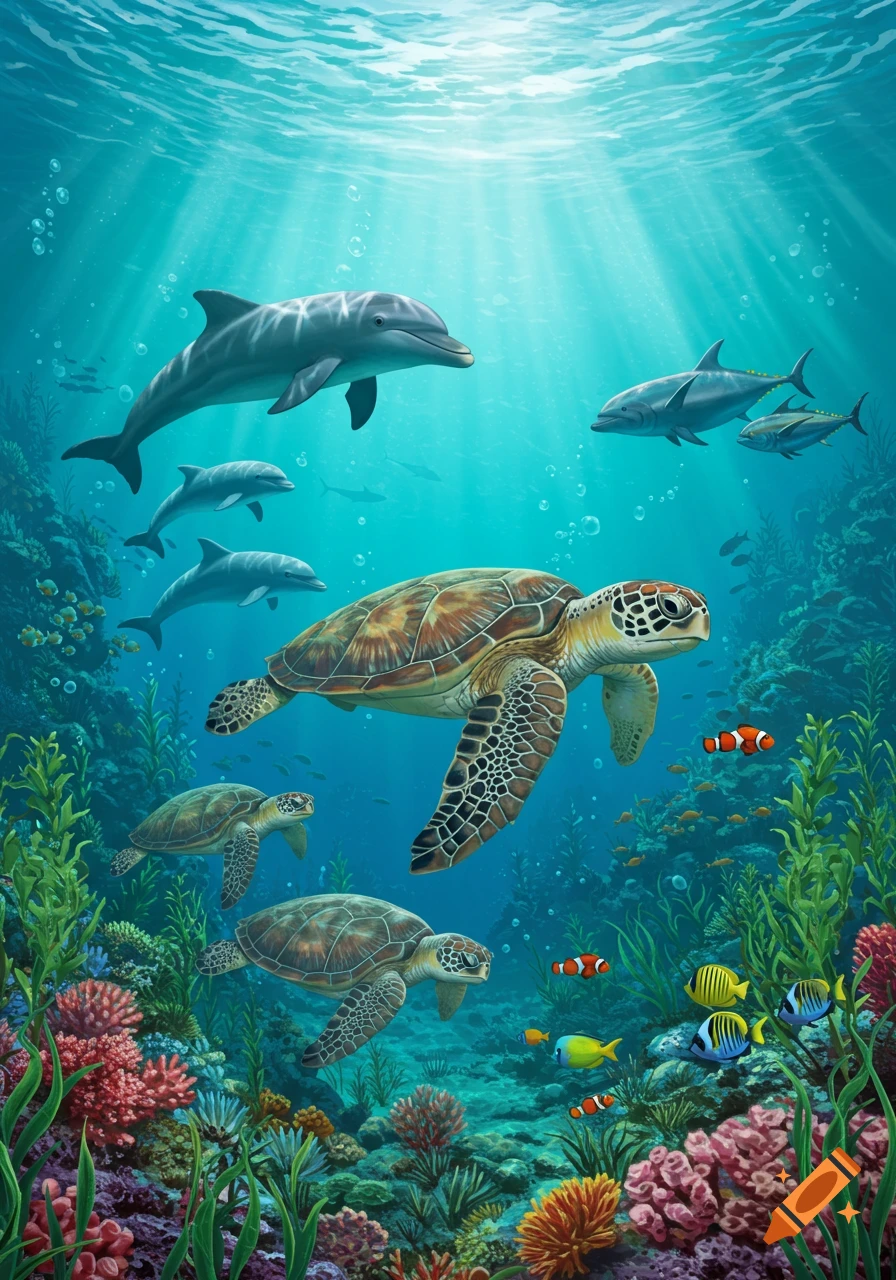 Multiple sea turtles, dolphins, and colorful fish swim amidst a vibrant ...