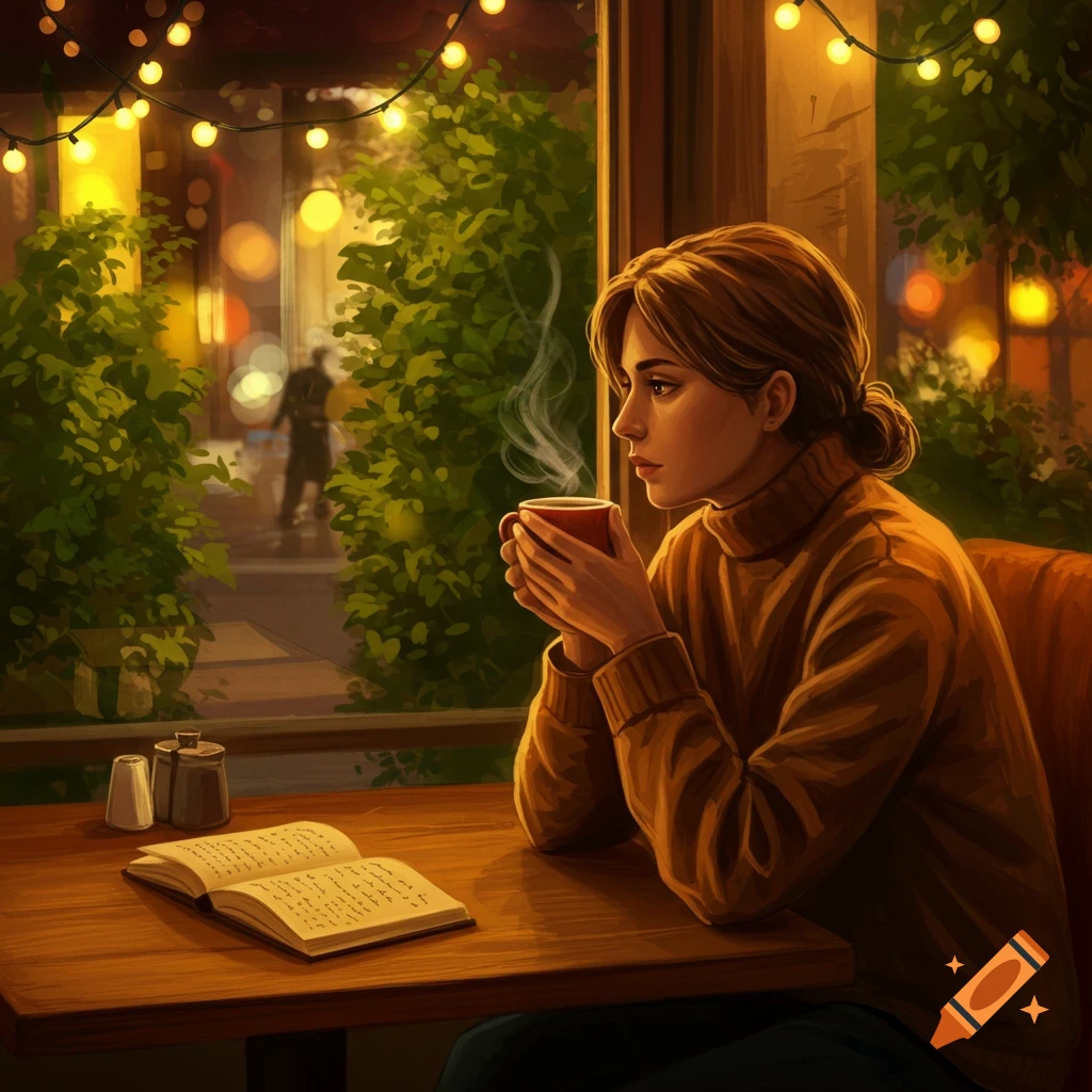 A man and woman make eye contact on a wet, autumn street under string ...