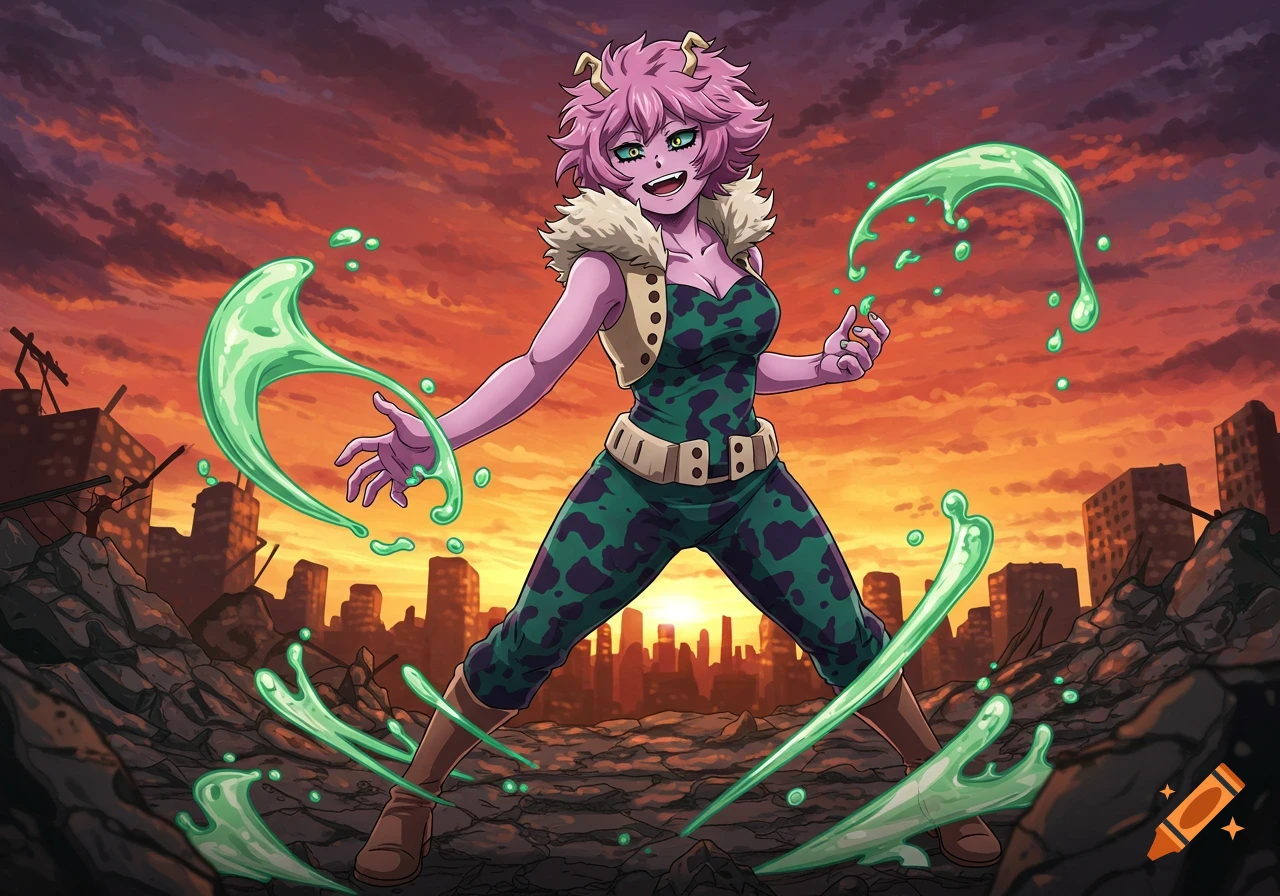 Anime illustration of Mina Ashido with pink skin, pink hair, and yellow ...