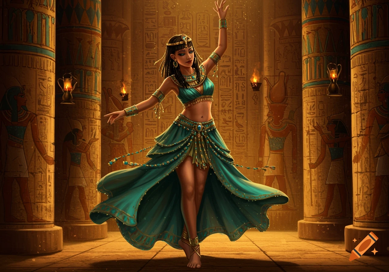 A woman with long brown hair wearing a colorful, jeweled belly dancing ...