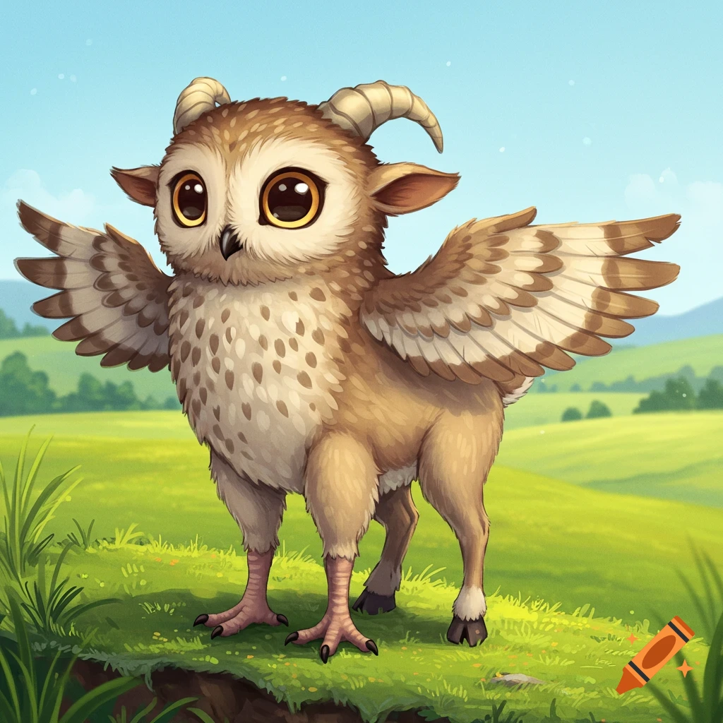 A cute, brown, feathered hybrid creature with an owl's head, wings, and ...