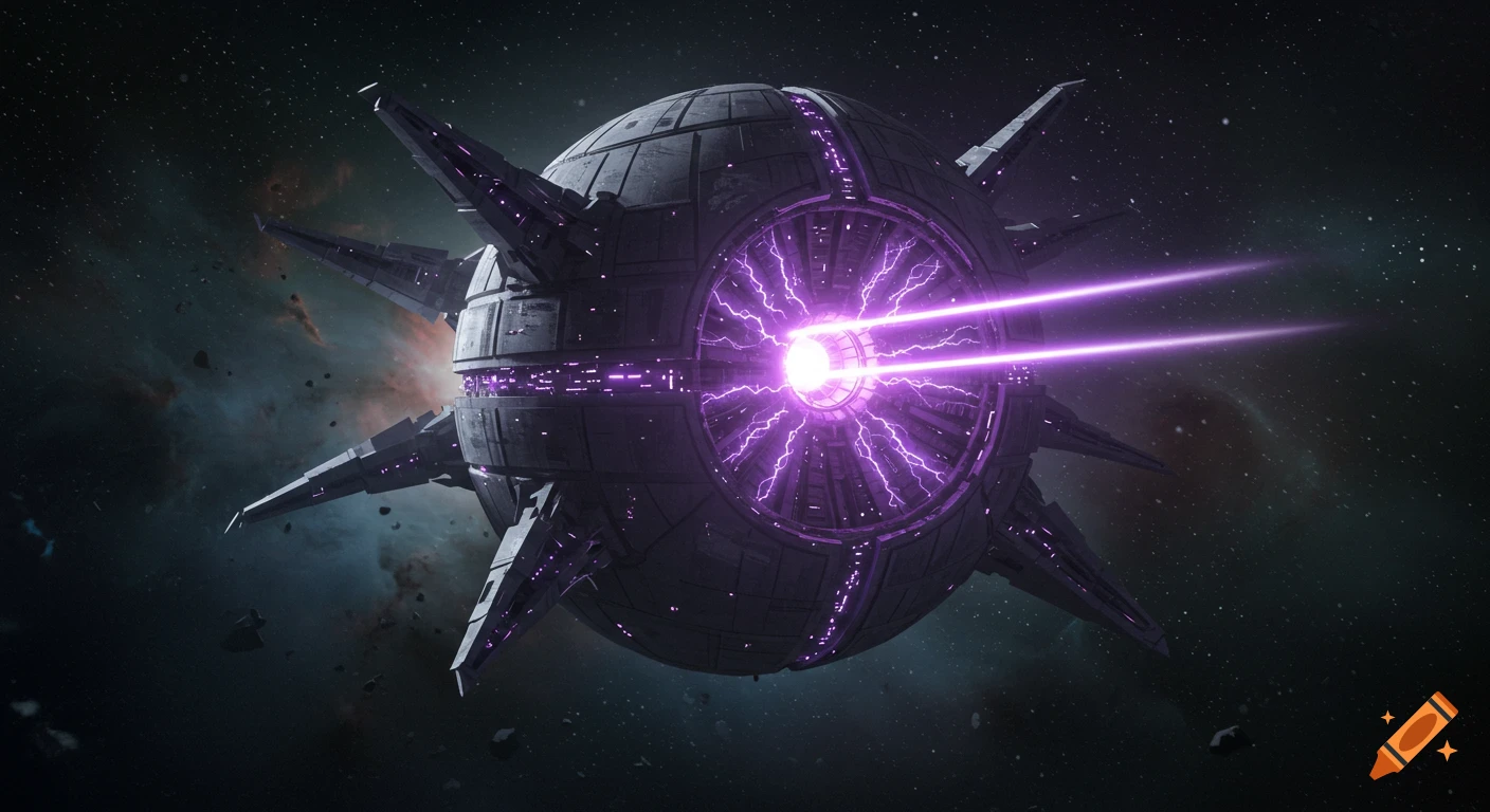 A dark grey, spherical sci-fi superweapon with multiple spikes and ...