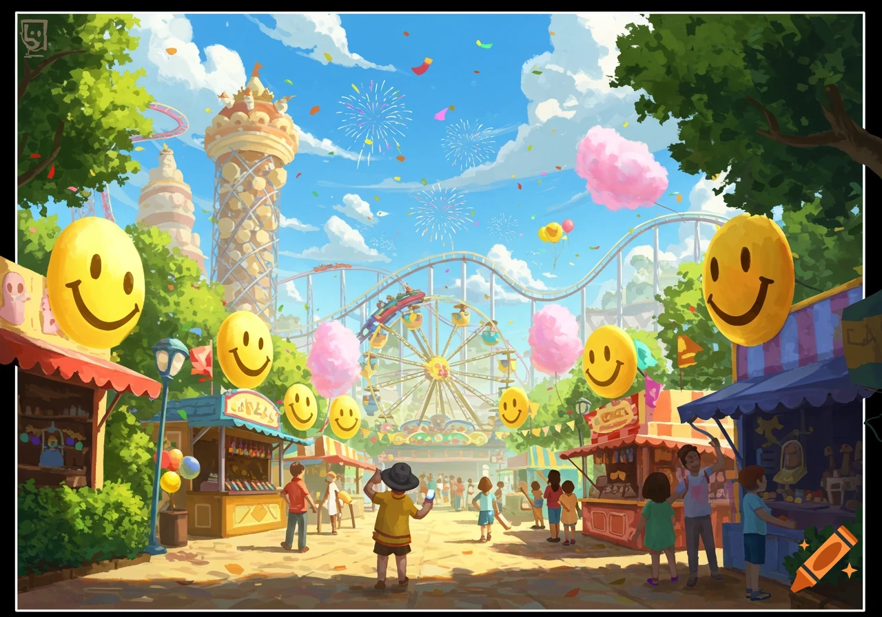 A vibrant cartoon theme park with children, carousels, candy stalls ...
