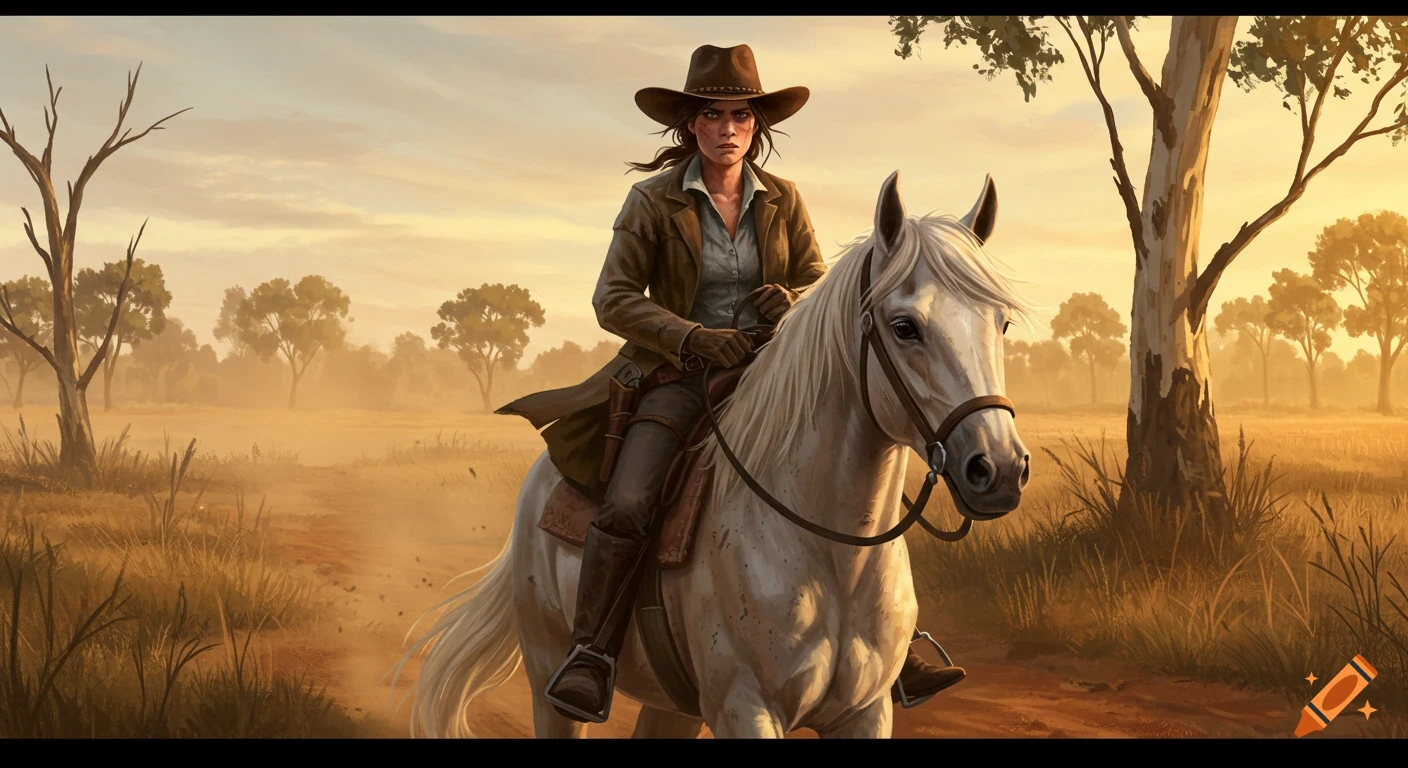 An illustrated cowgirl on a white horse rides through a dusty, golden ...