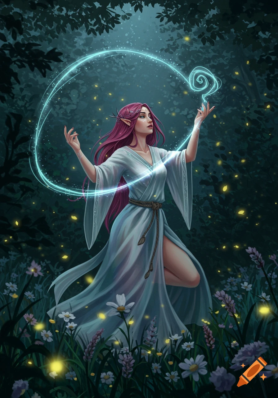 An elf-like woman with pink hair and a white dress stands in a dark ...