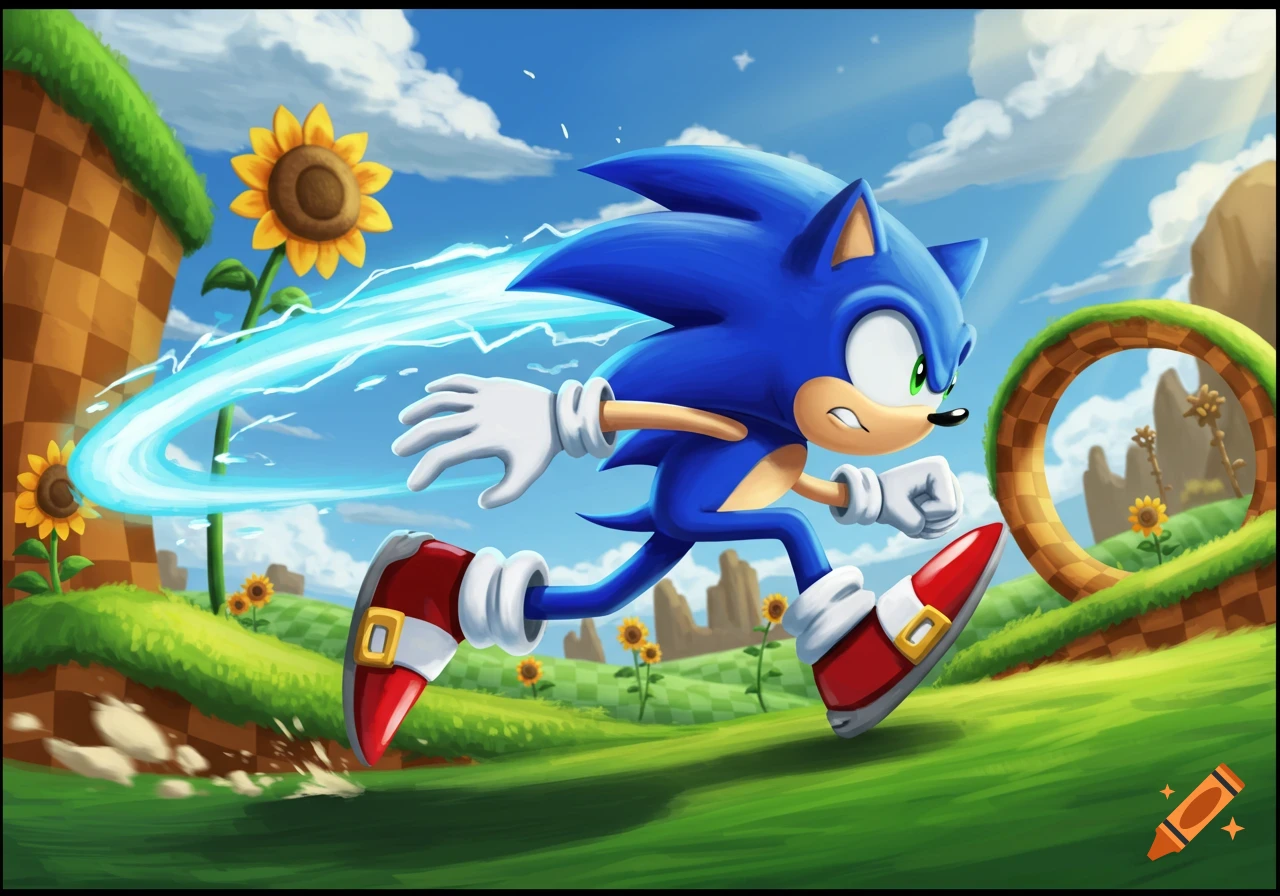 Sonic the Hedgehog runs at super speed through vibrant green hills with ...