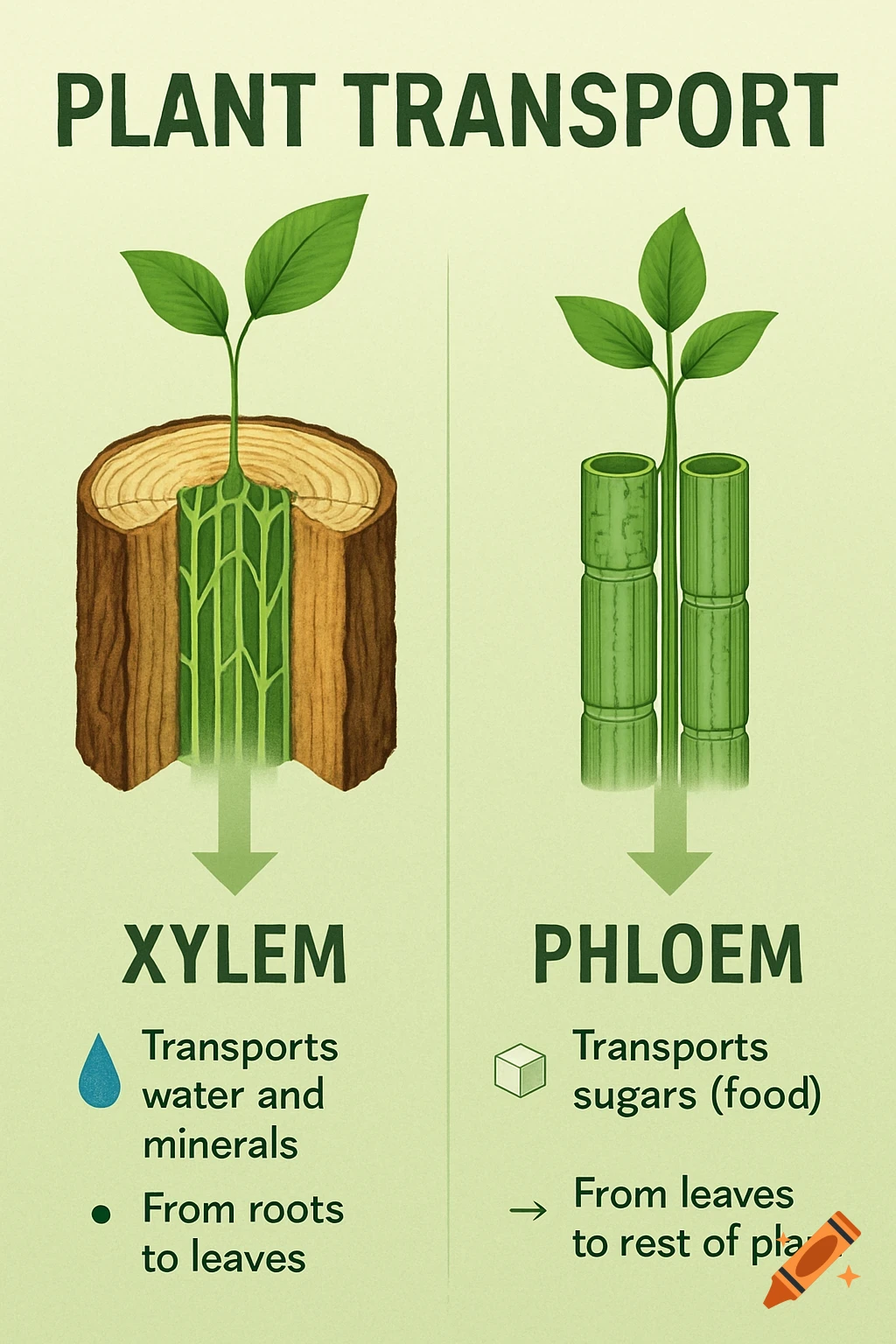 Infographic illustrating plant transport with diagrams of xylem and ...