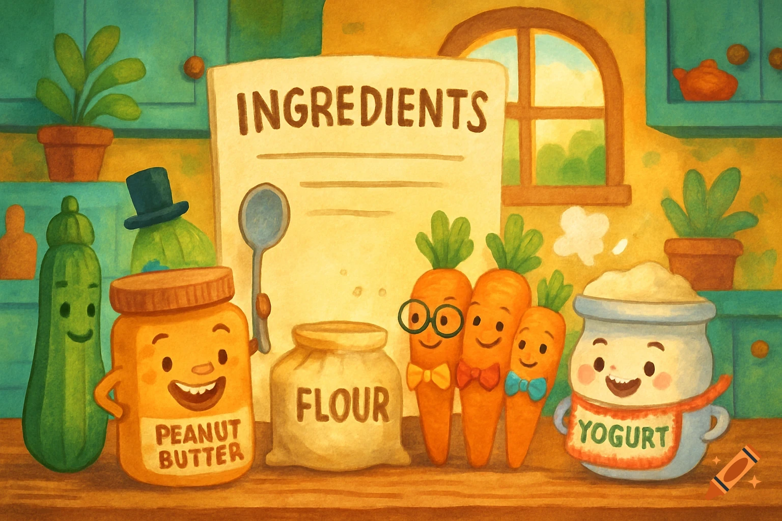 Cartoon illustration of smiling ingredients: peanut butter, zucchini ...