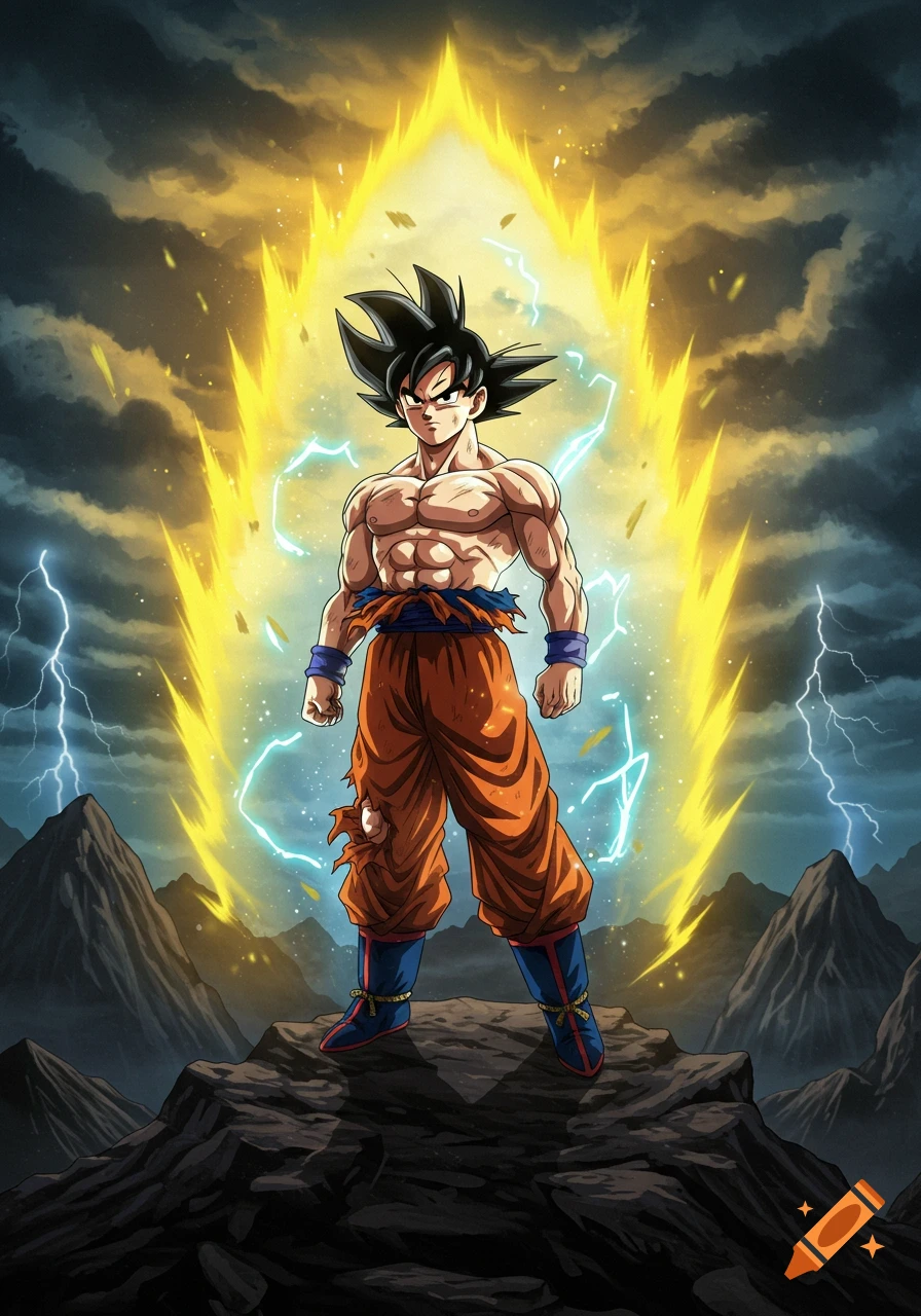 Goku in Super Saiyan form, surrounded by yellow energy and lightning ...