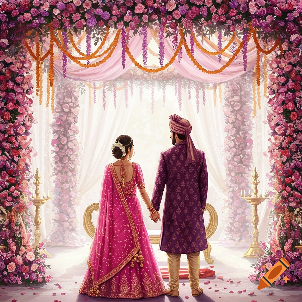 Nepali couple in traditional attire on a wedding welcome sign. on Craiyon