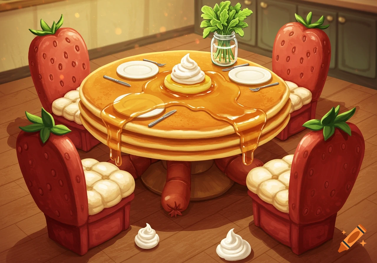 Whimsical illustration of a pancake table covered in syrup and whipped ...