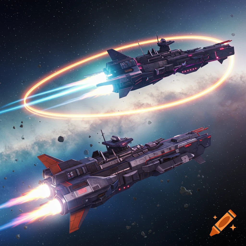 Two futuristic super destroyer spaceships fly through space with ...