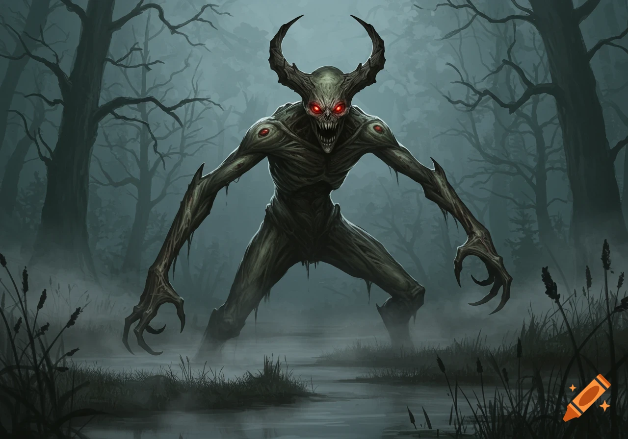 A dark, shadowy, emaciated monster with glowing green eyes and tendrils ...