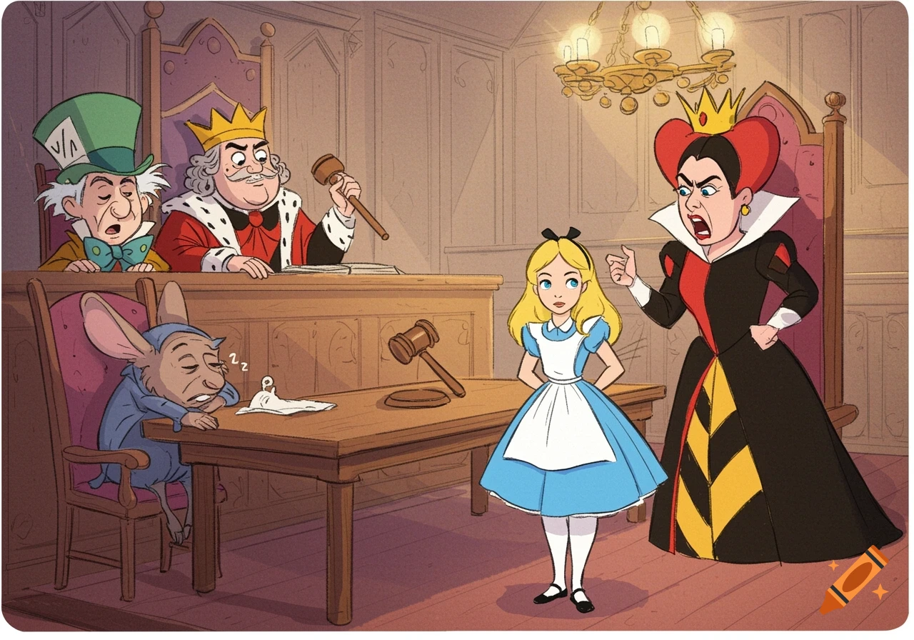 Cartoon sketch of Alice at a trial, with the Queen of Hearts shouting ...