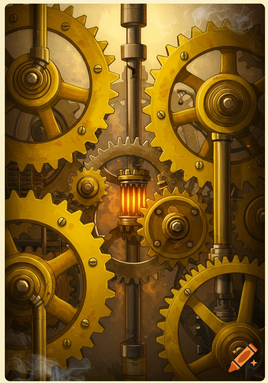 A detailed, warm-toned illustration of intricate golden and metallic ...