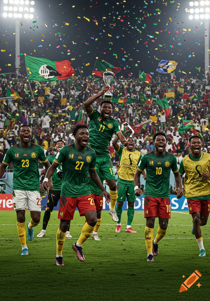 Photorealistic image of the Cameroon national soccer team celebrating ...