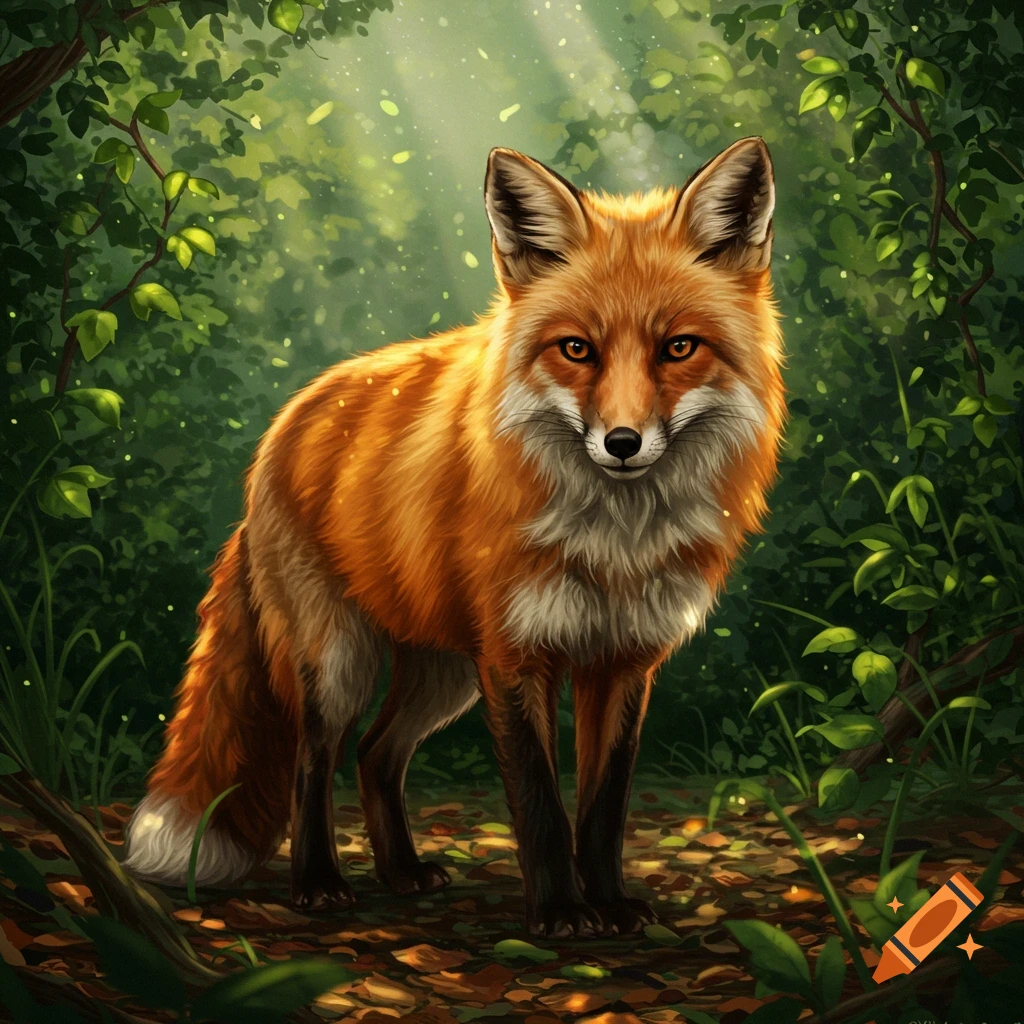 A detailed digital painting of a red fox with bright orange eyes ...