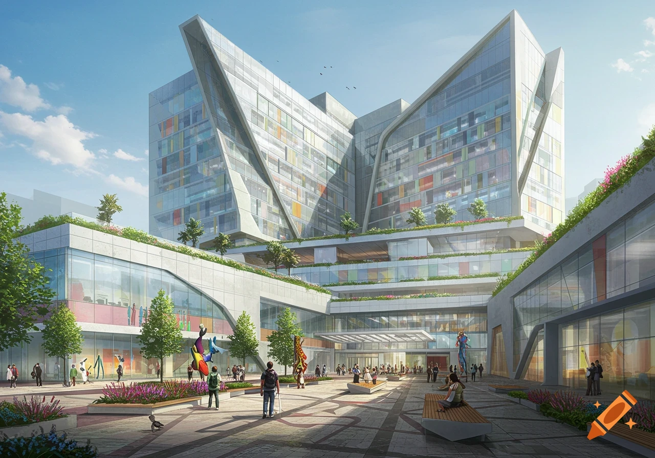 A large, postmodern hospital building with reflective glass and ...