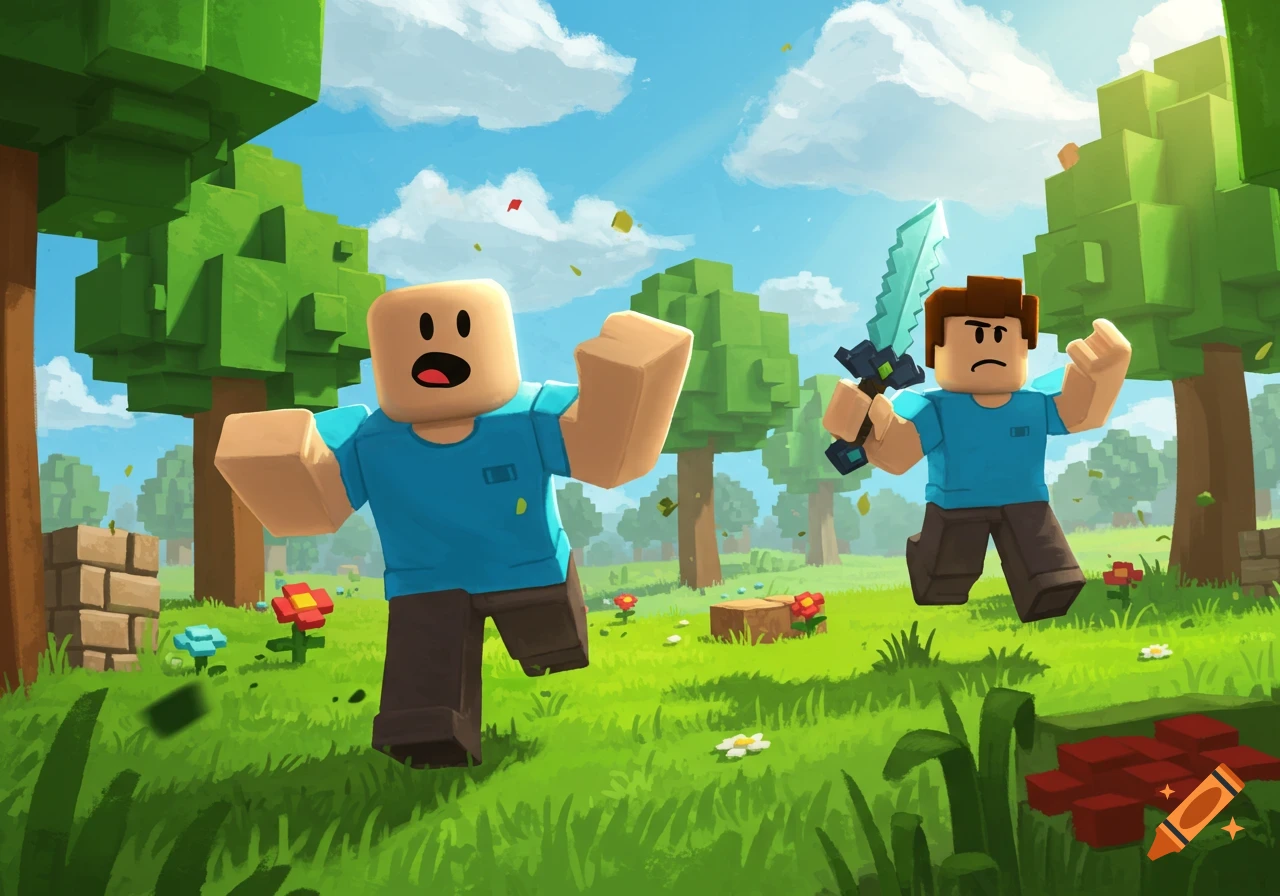 Two Roblox-style characters in pajamas having a pillow fight, with a ...