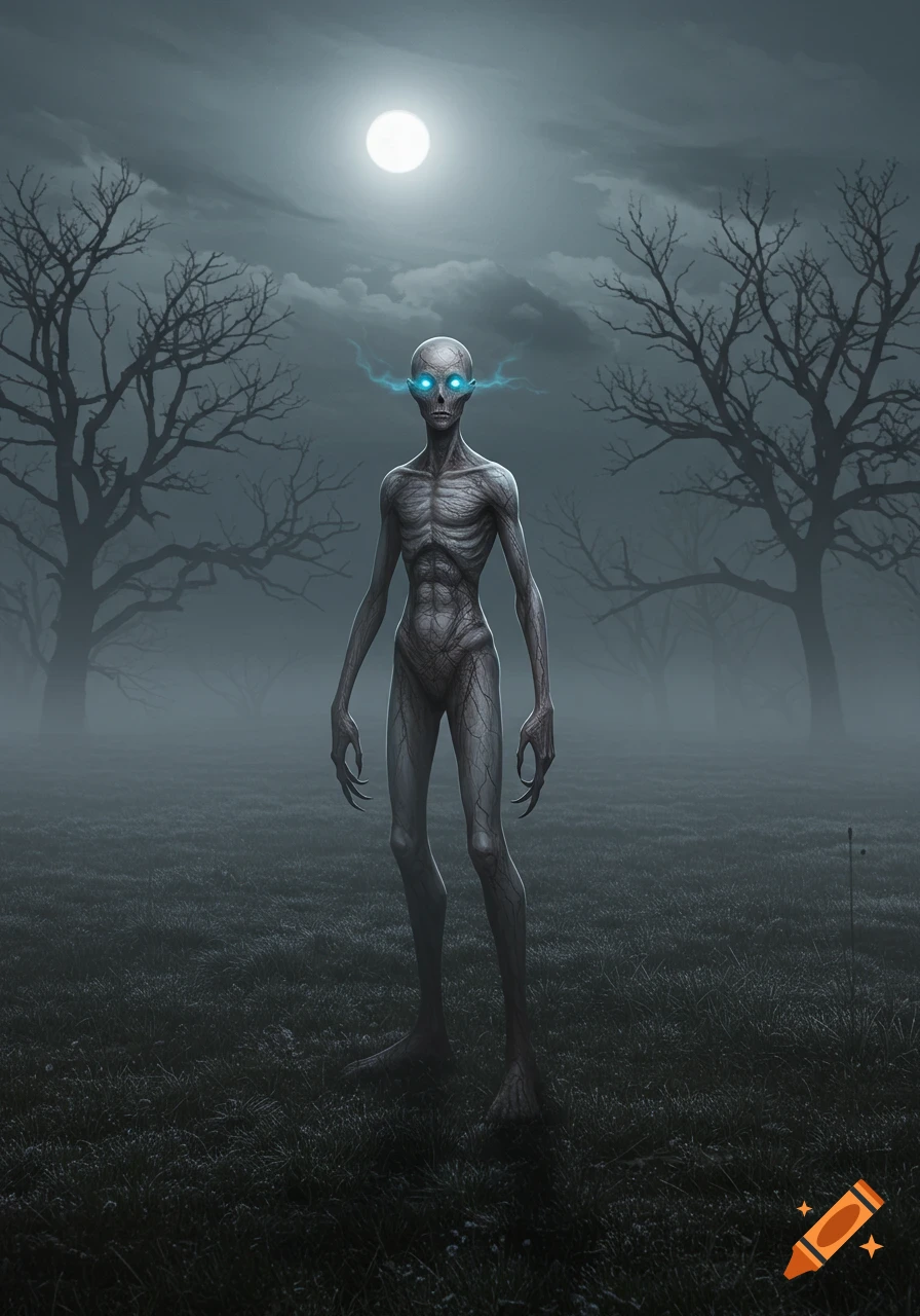 A pale, hairless humanoid creature with glowing eyes stands in a misty, dark fantasy forest. on ...
