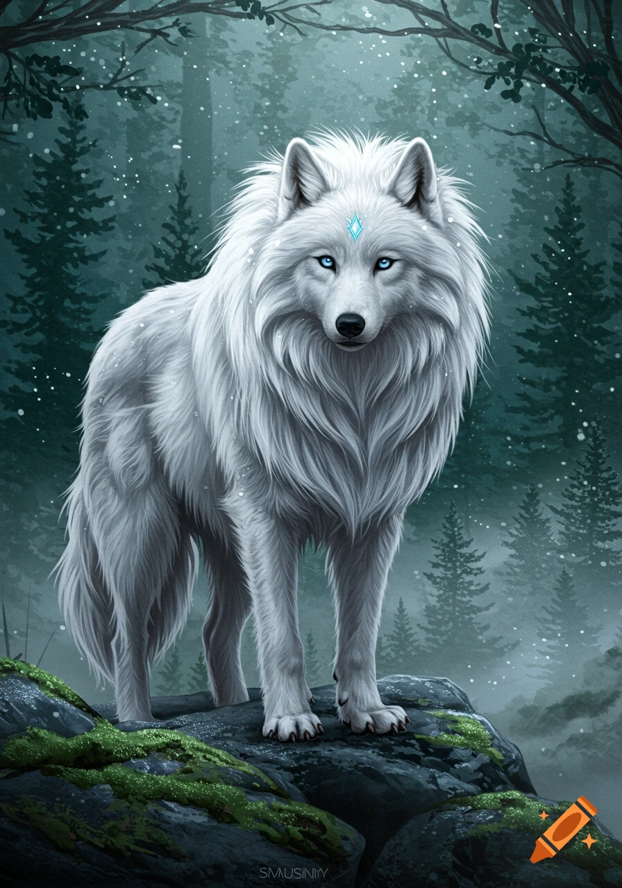 A majestic photorealistic werewolf with glowing yellow eyes stands on ...