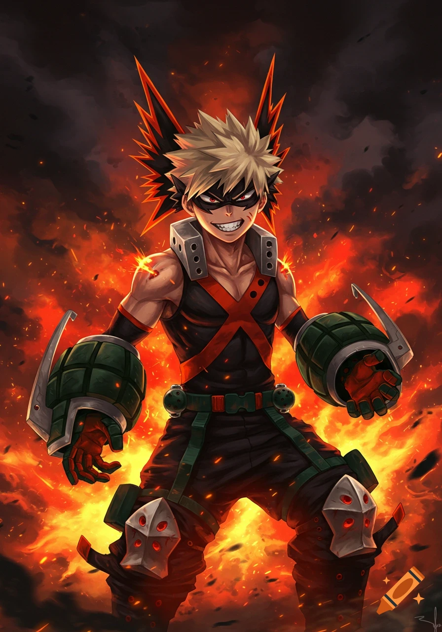 Two anime characters, Bakugo and a short brown-haired female in a ...