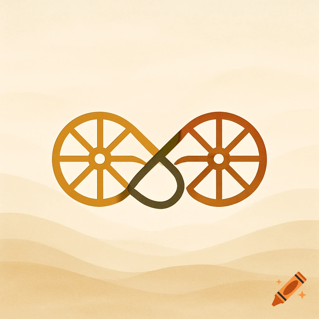 A silver interwoven knot design within a teal circle, above the word ...