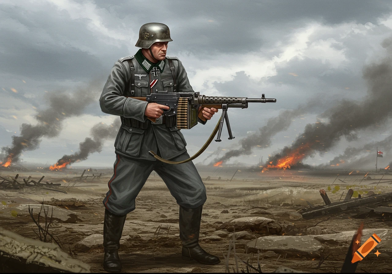 Detailed illustration of a CSRG M1918 machine gun on a tripod in a WWI ...