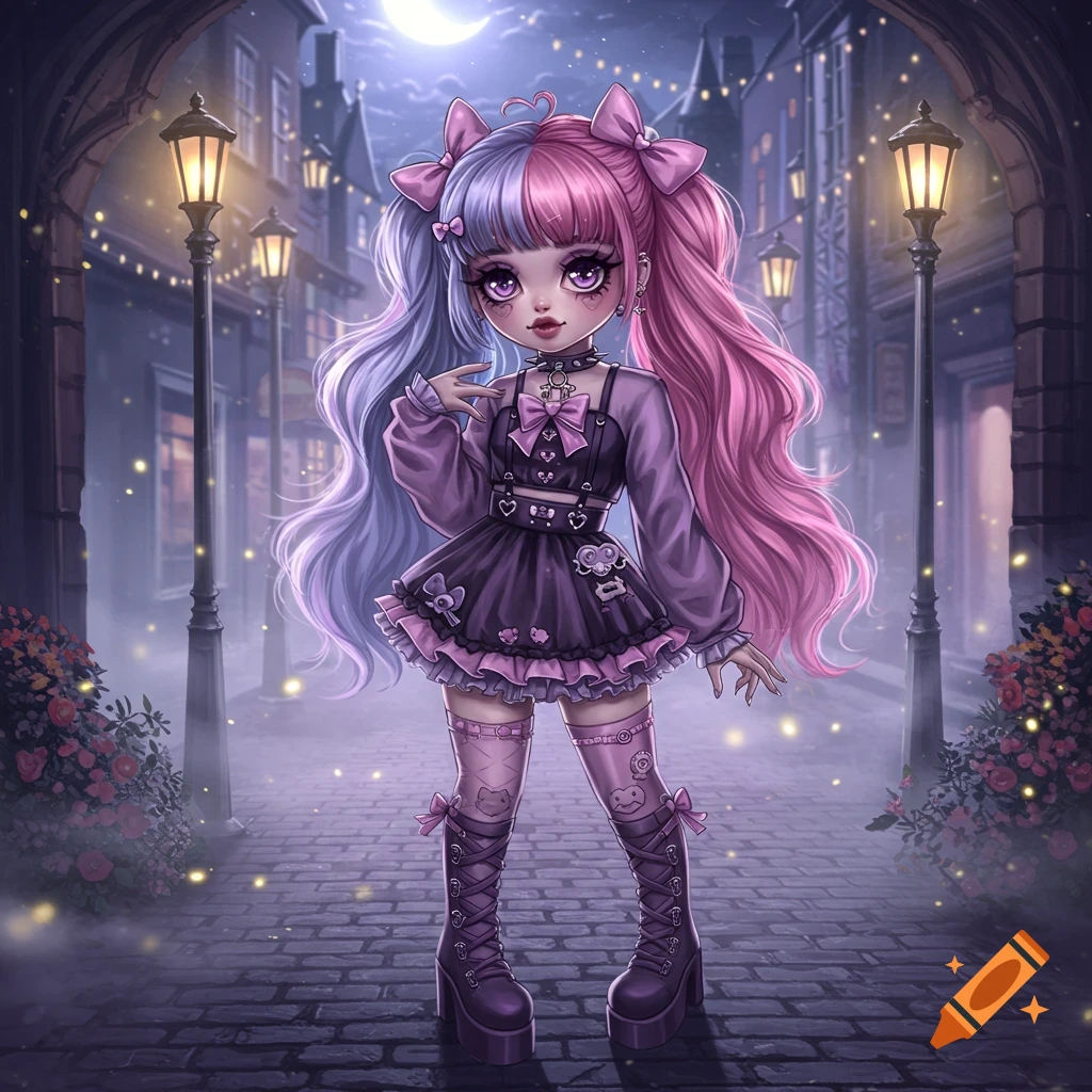 A stylized doll-like girl with pink and purple pigtails, wearing a ...