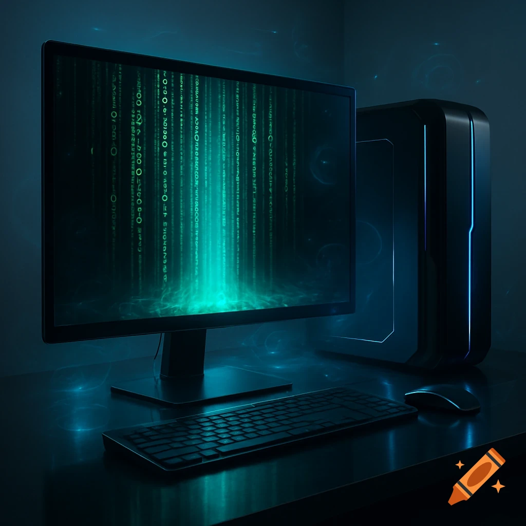 A futuristic desktop PC setup with a monitor displaying glowing green binary code, a keyboard ...