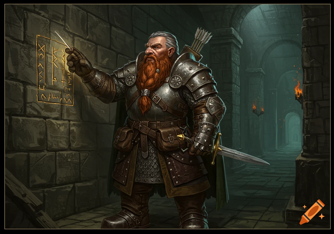 A heavily armored dwarf with a red beard points at glowing runes on a ...