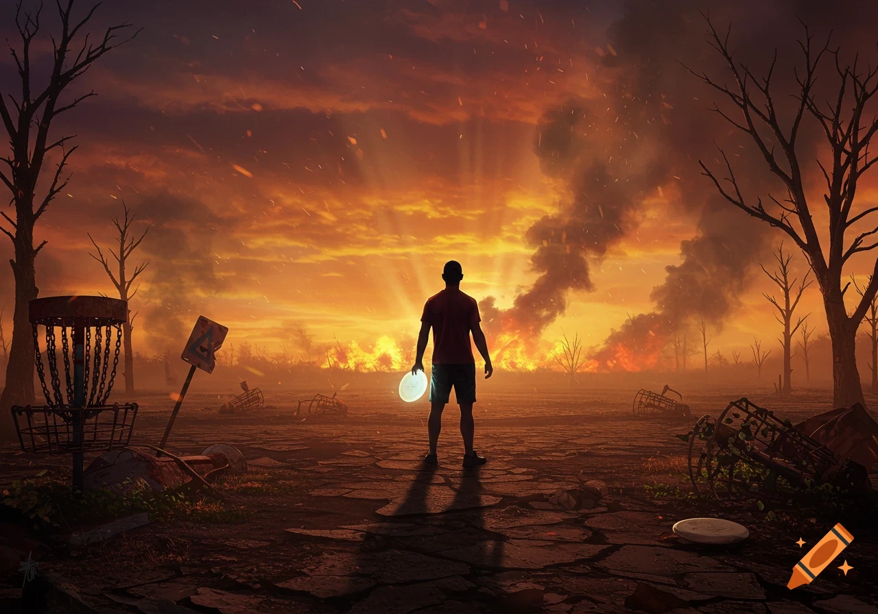 Man holding a glowing disc stands in a desolate, fiery apocalyptic ...