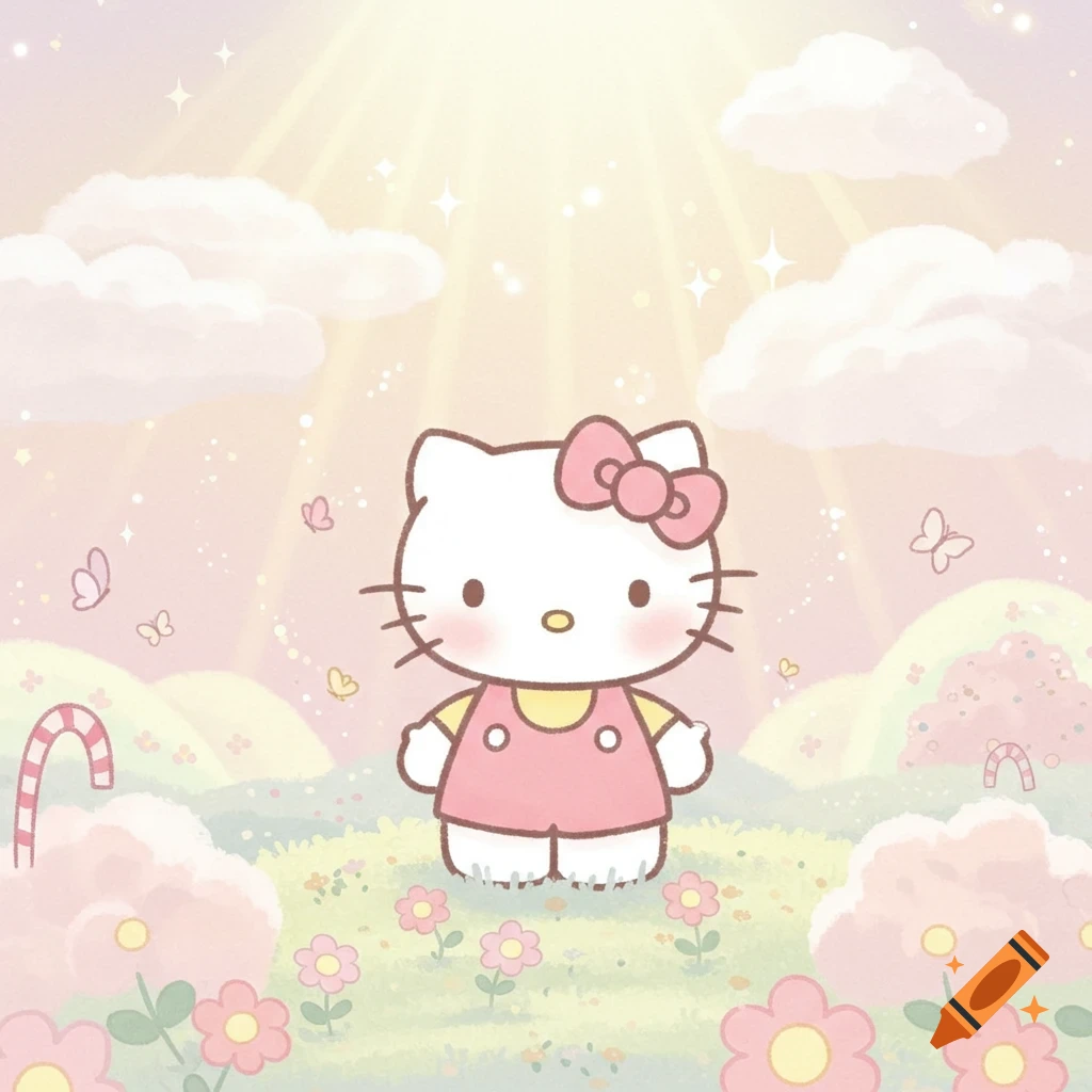 Cute cartoon Hello Kitty stands in a pastel magical landscape with ...