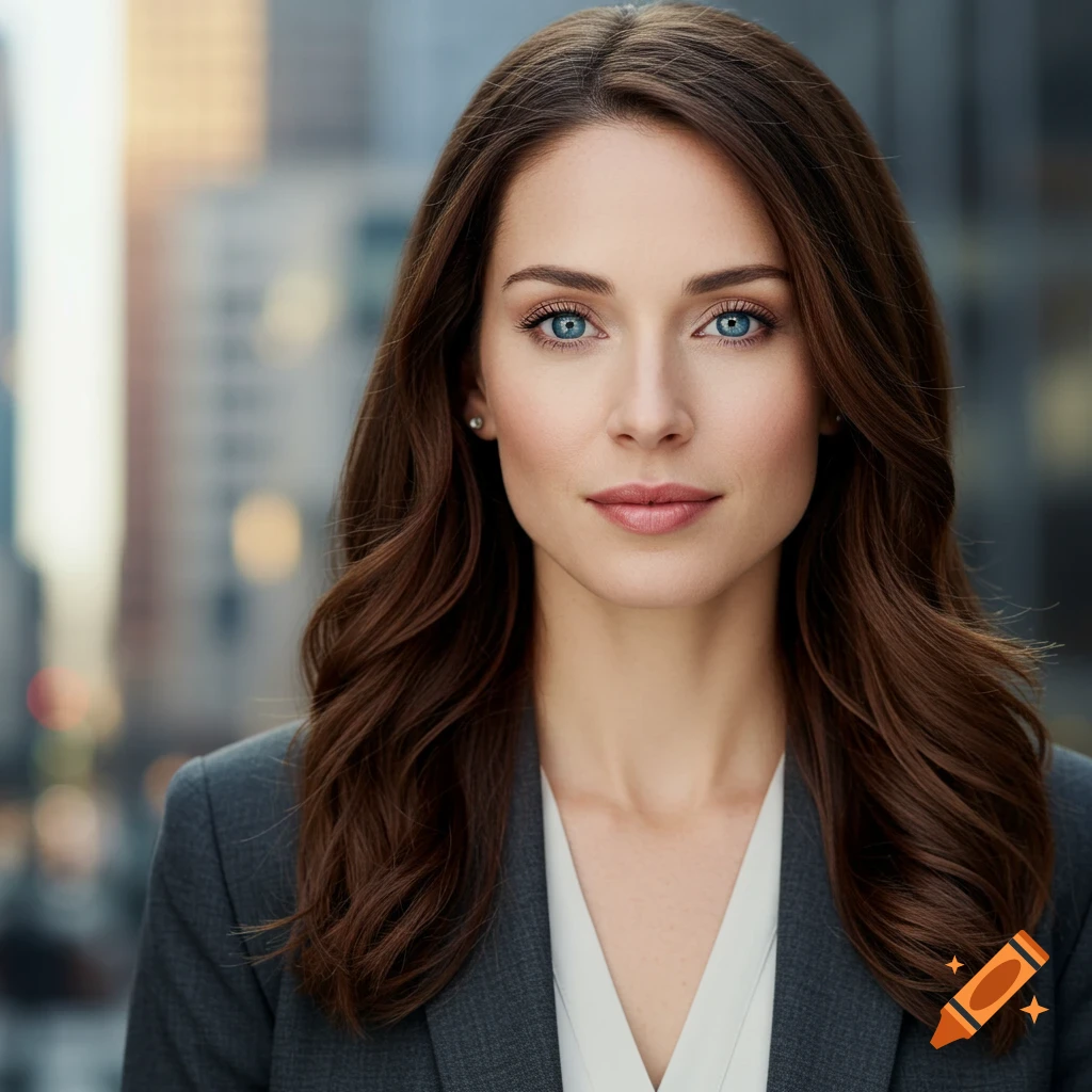 Photorealistic portrait of a professional woman with blue eyes and brown hair, wearing a grey ...