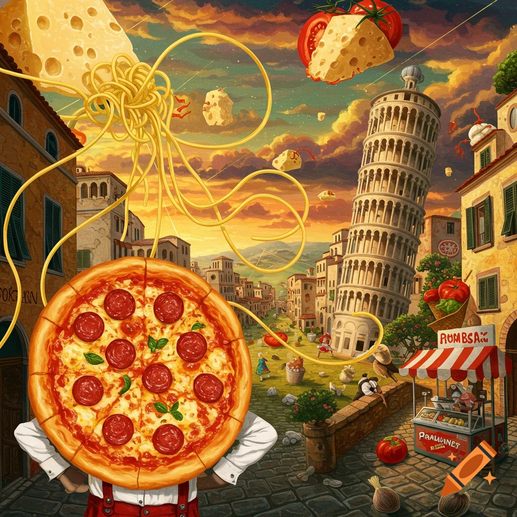 A vibrant, surreal painting of an Italian village with a man with a ...