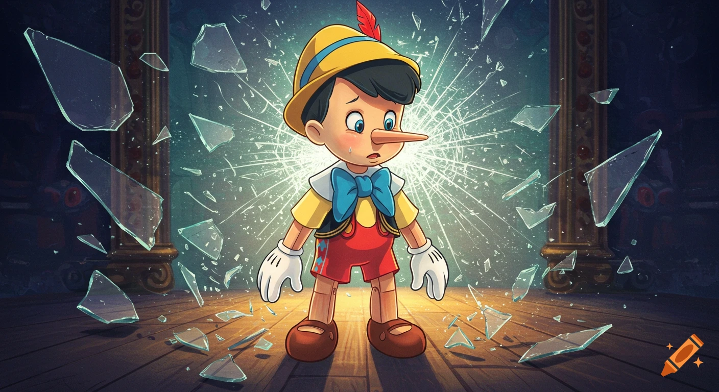 Disney-style Pinocchio with a long nose looks dismayed at a shattered mirror on a wooden floor ...