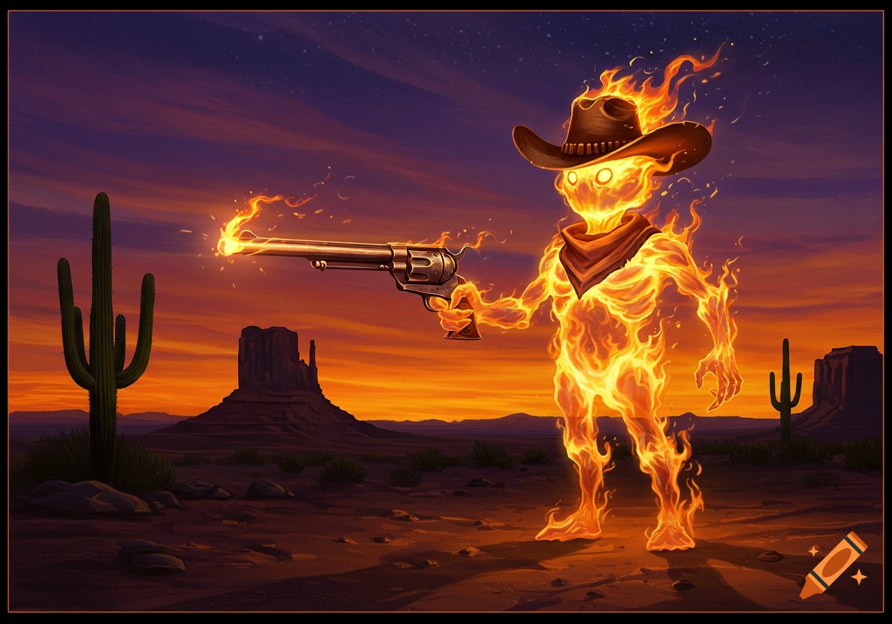 Stylized skull wearing a cowboy hat, smoking a cigar, perched on a ...