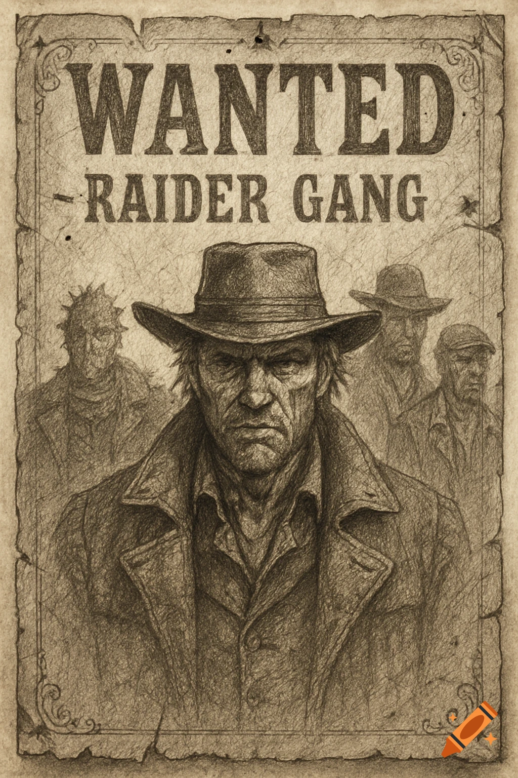 Sepia-toned sketch of a 'Wanted Raider Gang' poster, showing a stern ...