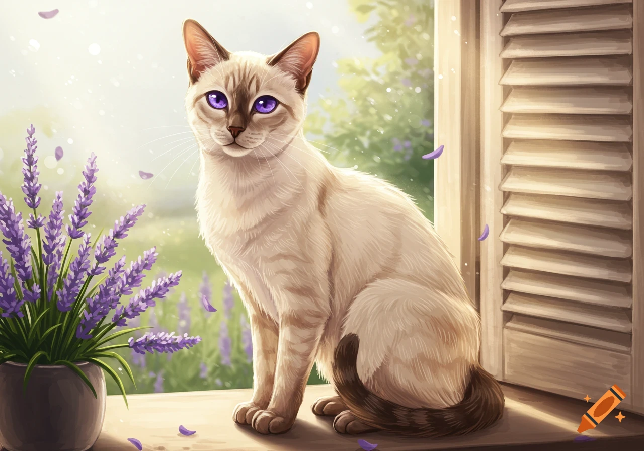 A cream tabby Siamese cat with purple eyes sits by a window with lavender flowers, digital art ...