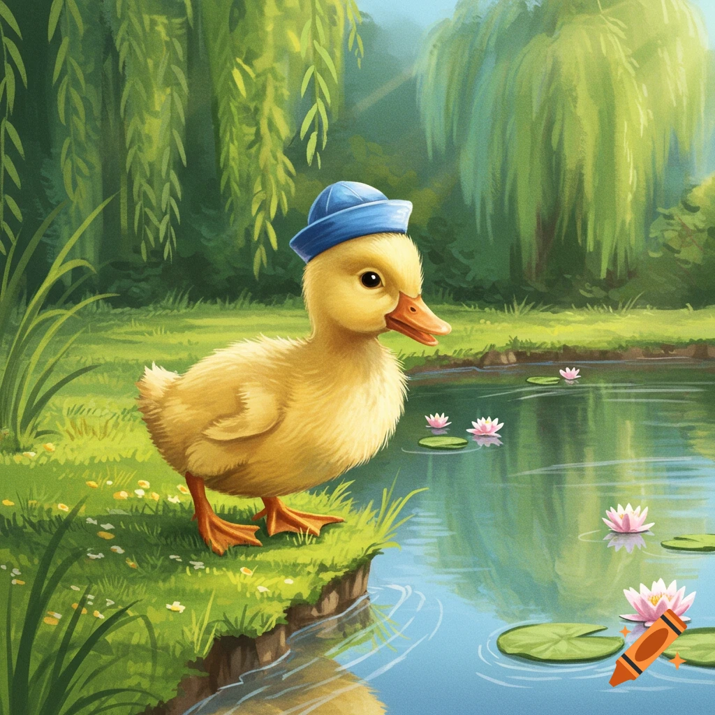 A confident cartoon duck with a red bandana stands on a wooden plank ...