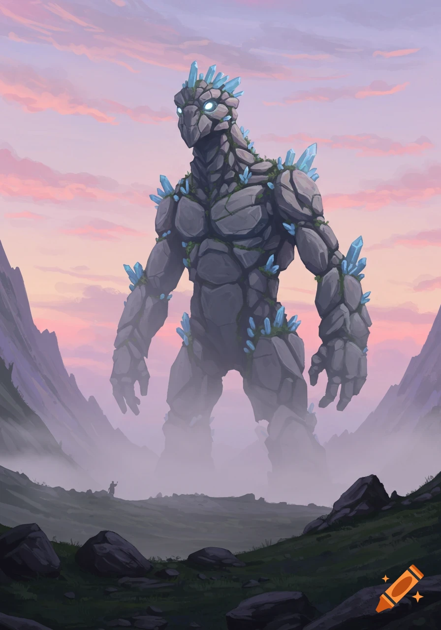 A giant rock and crystal golem with glowing eyes stands in a misty ...