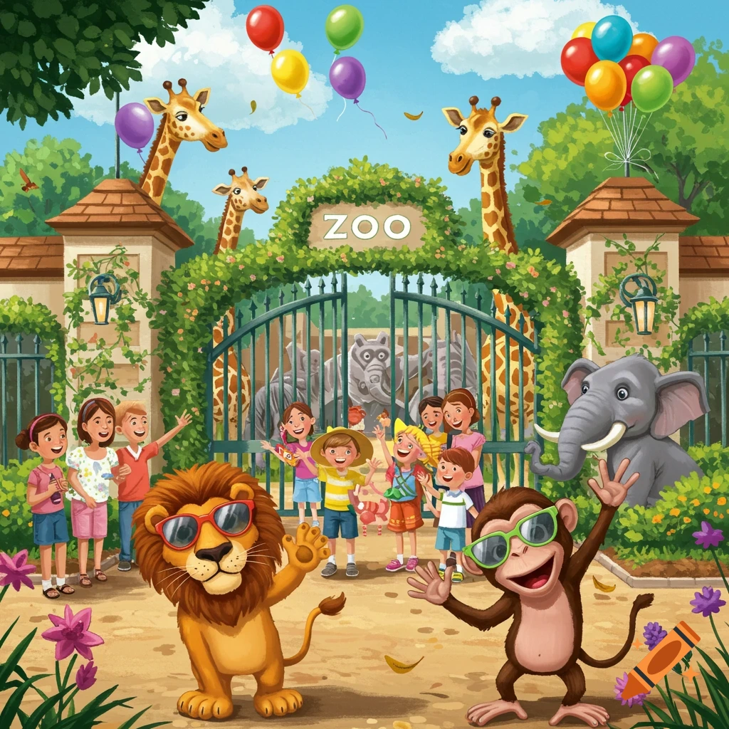 Cartoon illustration of a colorful zoo entrance with children, a lion ...