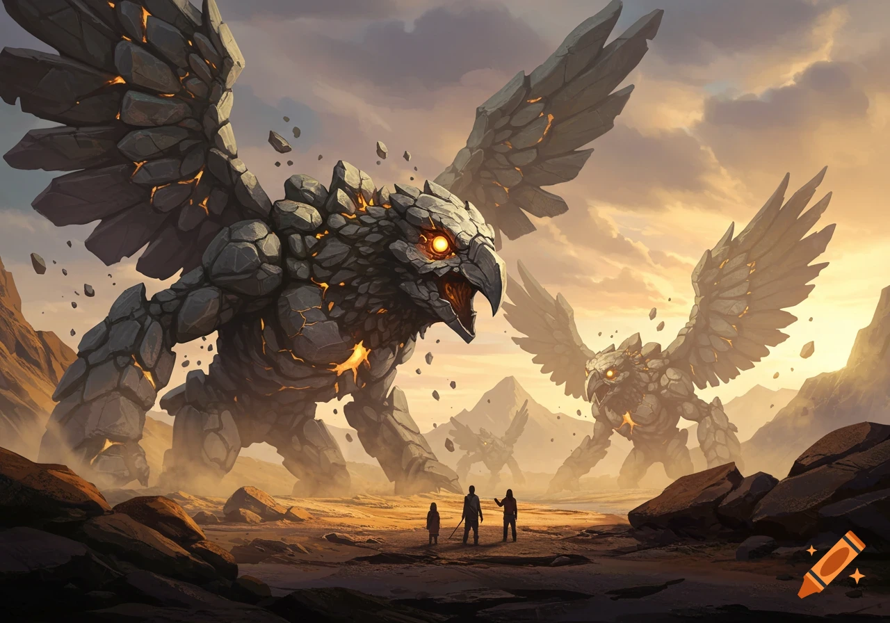 Colossal rock-winged monsters with glowing eyes face small human ...