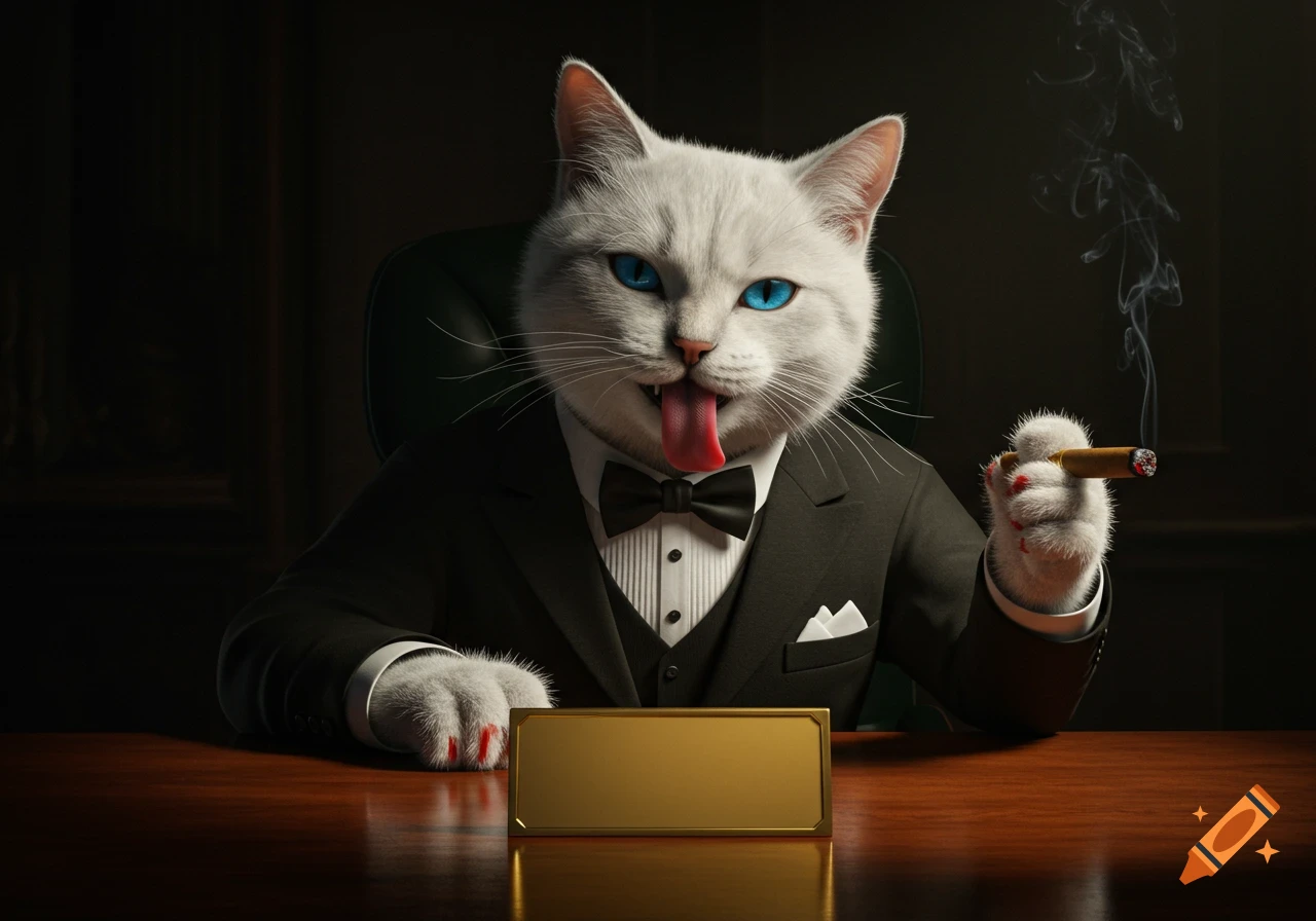 A white rabbit with bared teeth emerges from a black top hat on a ...