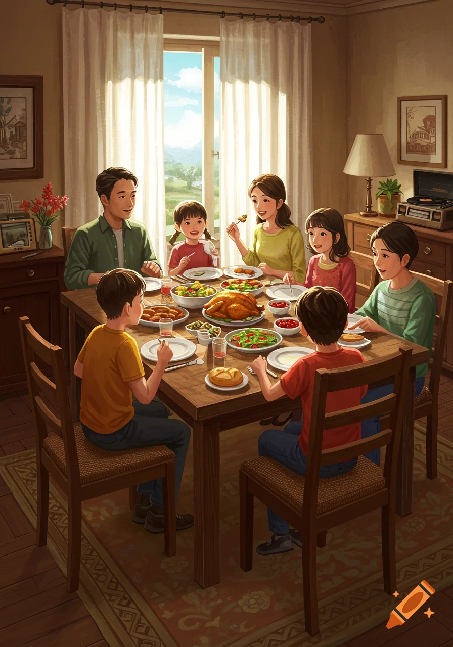 An illustrated family of six, including parents and children, gathered ...