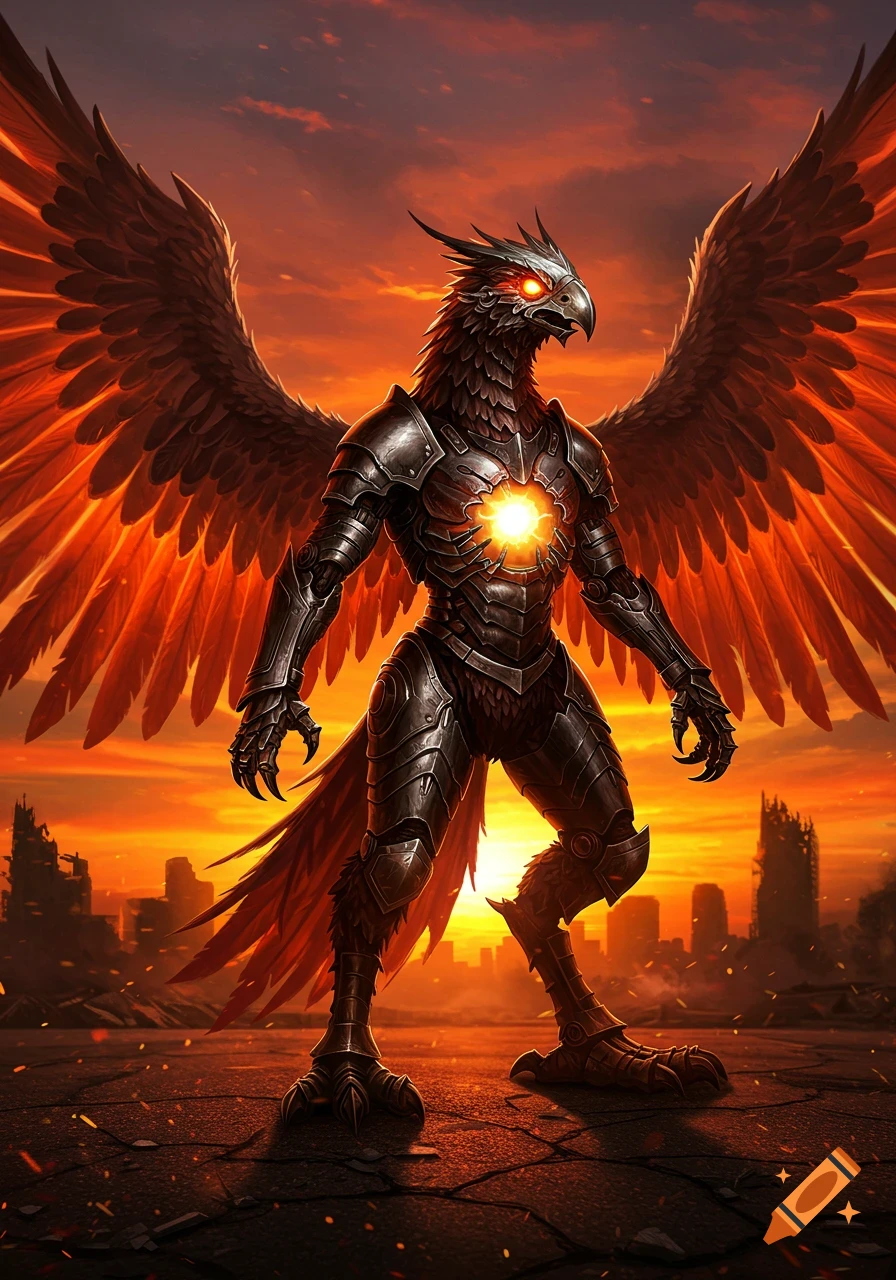 An armored, anthropomorphic bird warrior with fiery wings and glowing ...