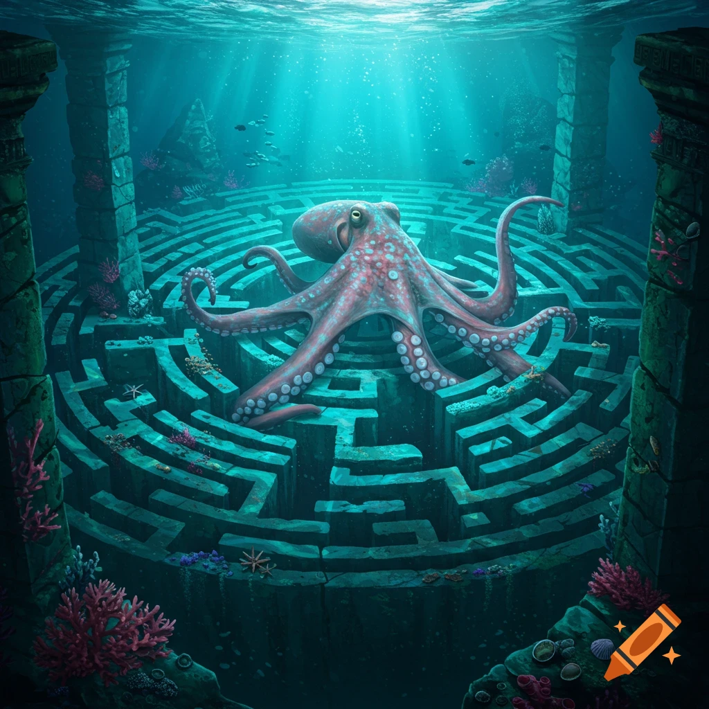 A large red octopus sits in the center of an intricate, ancient ...