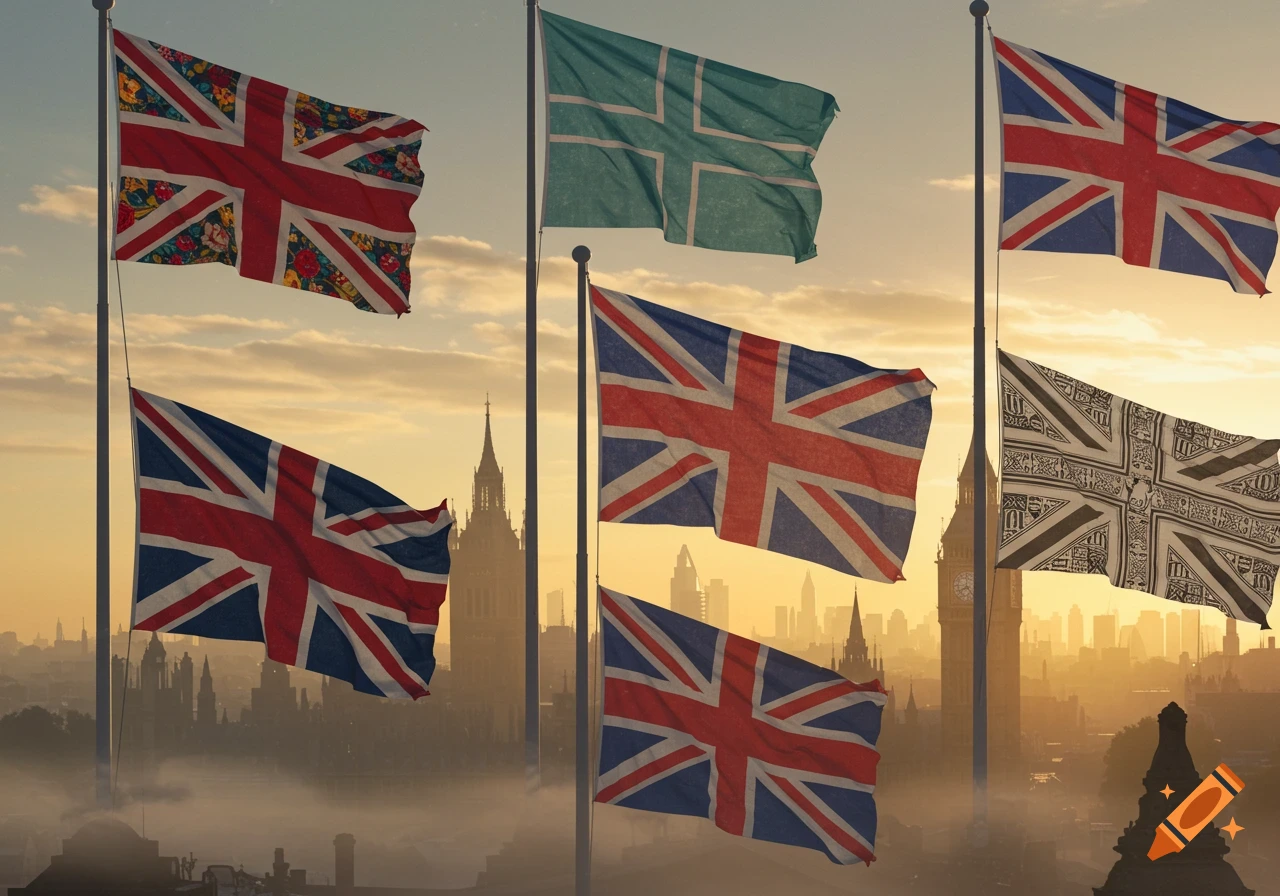 Multiple British flags, some with alternate designs including floral ...